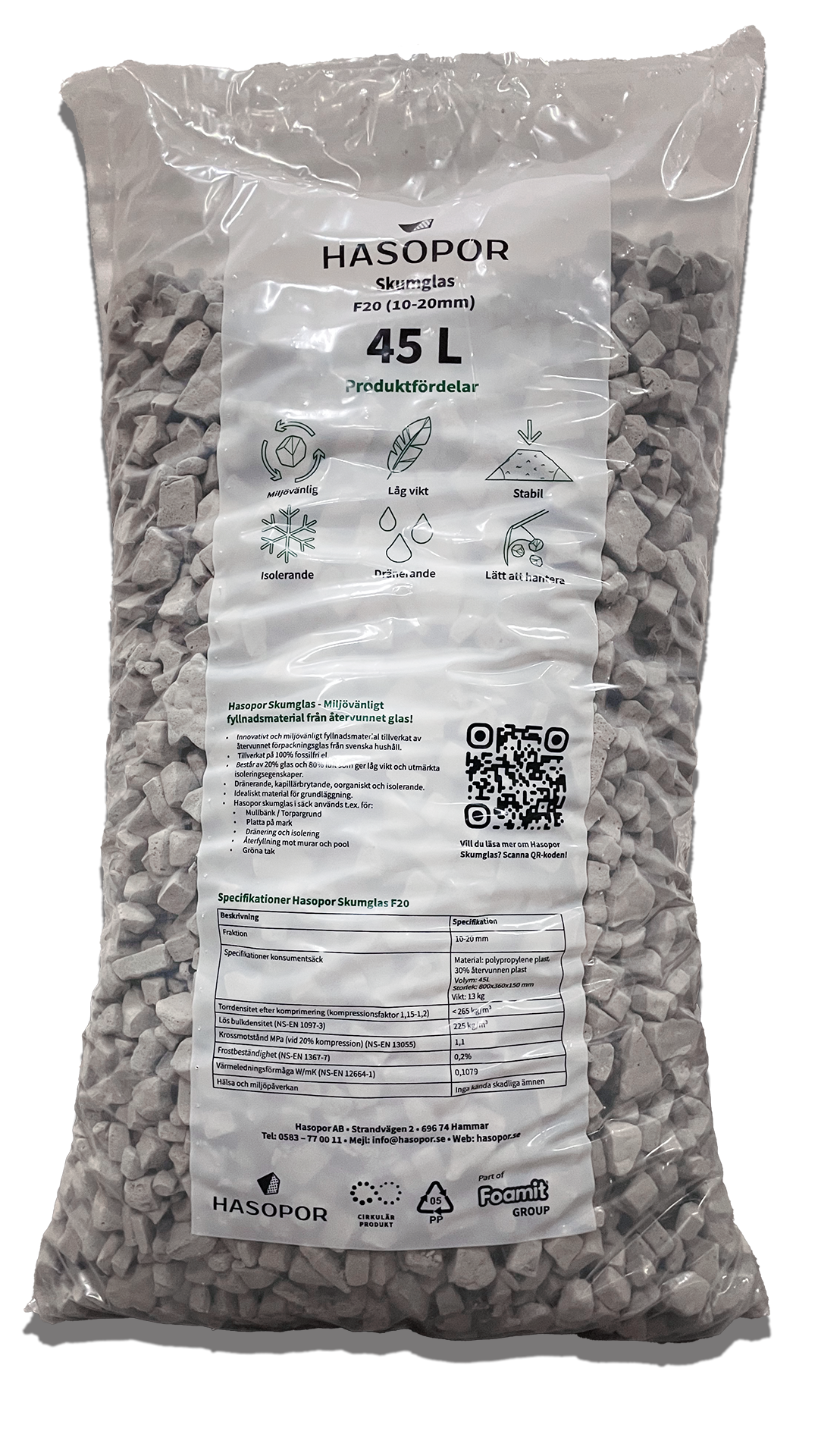 Hasopor skumglas F20 konsumentsäck, 10-20+ mm, 45L (st) - Hasopor